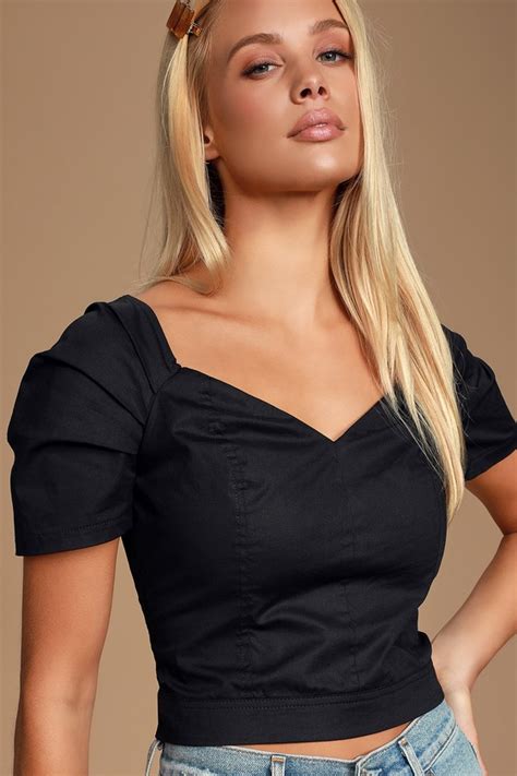 Lulus Black Crop Top Puff Sleeve Crop Top Sweetheart Neck Top