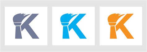 깨끗한 브러시 아이콘이 있는 문자 K 개념의 집 청소 로고 메이드 서비스 심볼 가사 집안일에 대한 스톡 벡터 아트 및 기타
