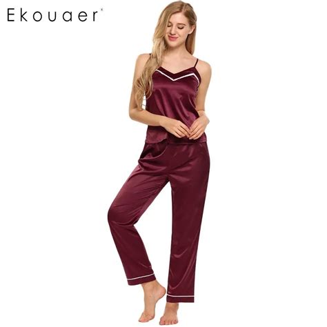 Ekouaer Satin Pajamas Set Sleepwear Women Sleeveless Cami Top Elastic