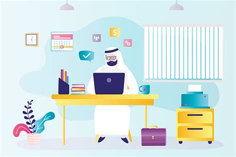 아라비아 사업가가 직장에 앉아 있습니다 똑똑한 기업가는 일합니다 책상에 앉아서 컴퓨터로 작업하는 무슬림 관리자 경영자에 대한