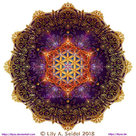 Golden Lace Mandala With Flower Of Life Round By Lilyas Flower Of