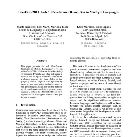 Semeval 2010 Task 1 Coreference Resolution In Multiple Languages Acl