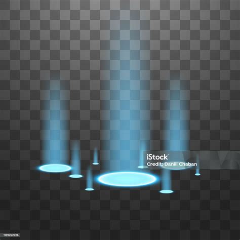 벡터 광원 백라이트 검은 투명 배경에 고립 벡터 일러스트입니다 푸른 양 초 투명 한 배경에 스파크와 밤 장면의 광선 연단의 빈 조명 효과 디스코 클럽 댄스 플로어 0명에