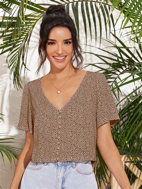 Shein Frill Trim Button Up Off Shoulder Top Ropa Blusas Bonitas