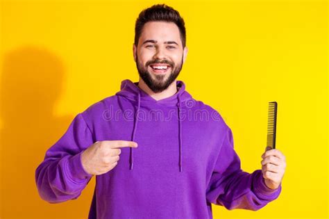 Photo Of Positive Groomed Macho Man Wear Purple Trendy Clothes Recommend Professional Comb