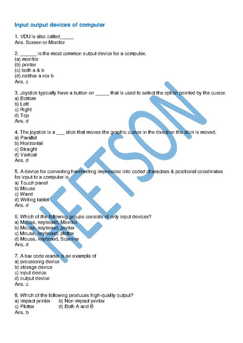 Computer Input And Output Devices Mcq Input Output Devices Of