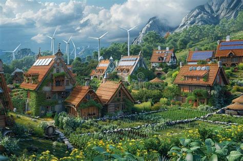 Rustic Village With Traditional Houses Wind Turbines And Organic