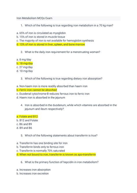 Iron Metabolism Mcqs Practice Mcqs Hillary Iron Metabolism Mcqs Exam Which Of The Following