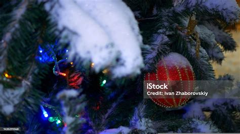 눈 덮인 장소와 반짝이는 입자의 크리스마스 트리 나무와 축제 배경 메리 크리스마스와 크리스마스 트리 떨어지는 눈송이가있는 겨울 배경 평화와 휴식 12월에 대한 스톡 사진 및