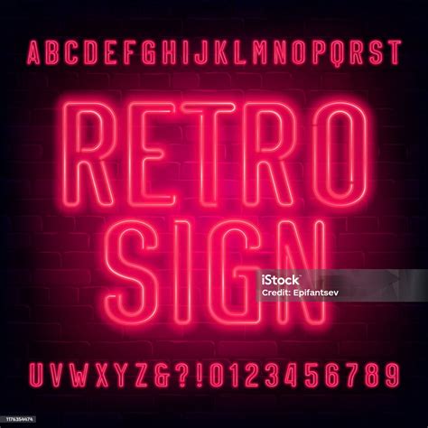 Retro Tanda Tangani Font Alfabet Huruf Lampu Neon Merah Dan Angka Di
