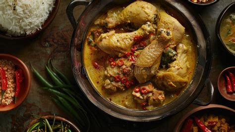 Thai Chicken Curry In Traditional Pot With Condiments Stock