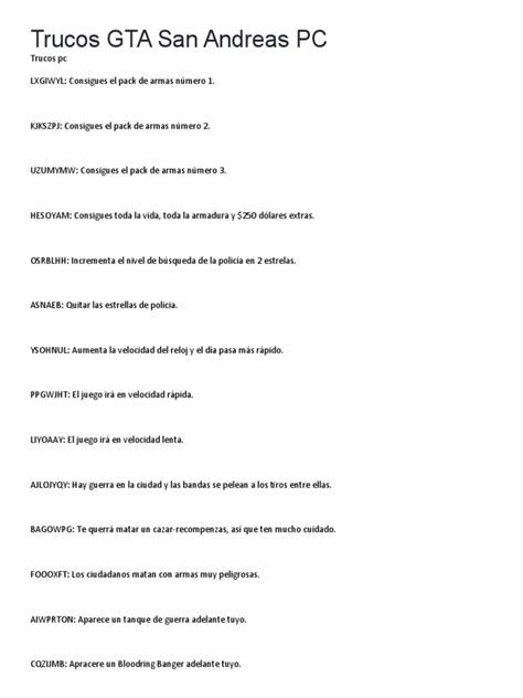 Trucos Gta San Andreas Pc Pdf Arsenal Ocio