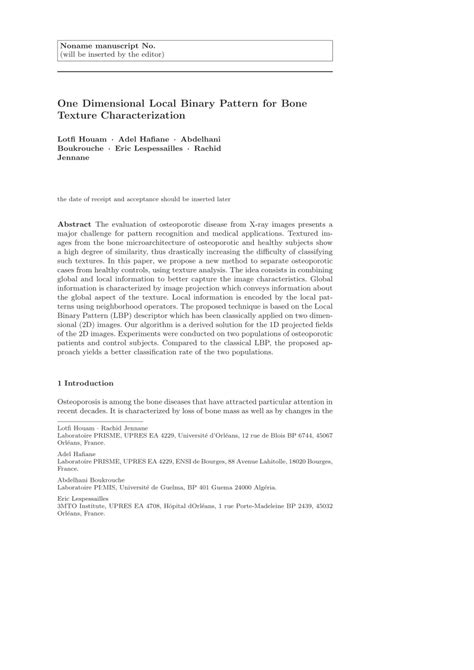 Pdf One Dimensional Local Binary Pattern For Bone Texture