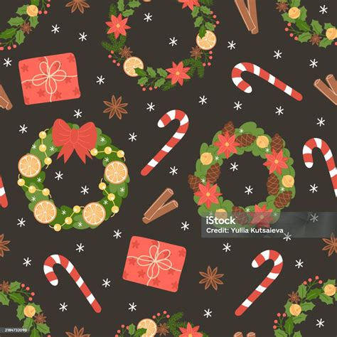 어두운 배경에 화환 사탕 지팡이 계피 스틱 아니스 선물 상자가 있는 크리스마스 완벽 한 패턴 0명에 대한 스톡 벡터 아트 및 기타 이미지 Istock