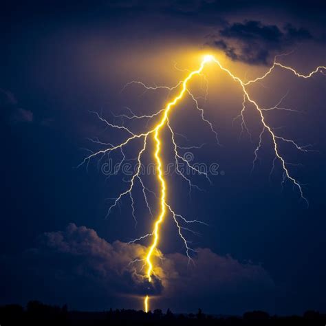 Brilliant Yellow Lightning Bolt Illuminates A Dark Night Sky Branching
