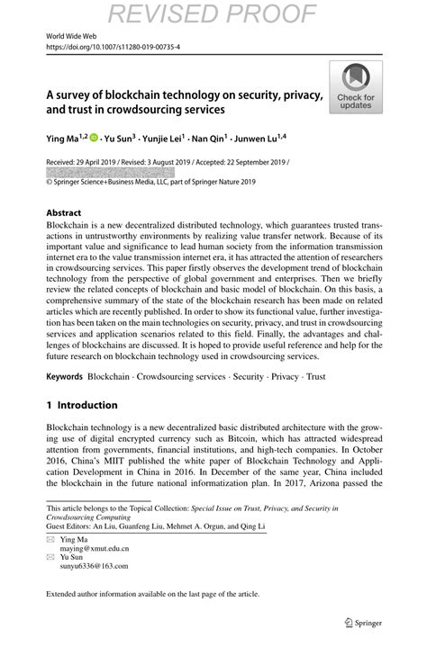 Pdf A Survey Of Blockchain Technology On Security Privacy And Trust In Crowdsourcing Services