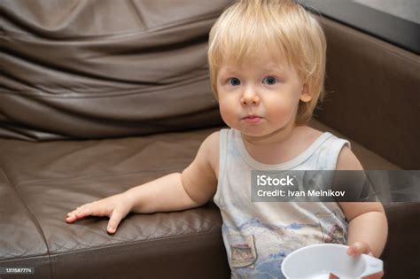 딸방에 있는 금발 머리와 플라스틱 장난감 접시를 손에 들고 당황한 소년 12 17 개월에 대한 스톡 사진 및 기타 이미지 12 17 개월 가정 생활 가정의 방