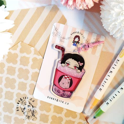 Chibi Nezuko Demon Slayer Inspired Bubble Tea Keychain Inches Tall Double Sided Sip