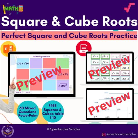 square and cube root practice worksheets 60 question powerpoint etsy