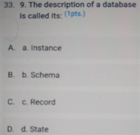 solved the description of a database is called its 1pts a a instance b b schema c c