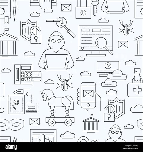 Digital Vector Blue Internet Security Data Protection Icons Set Drawn Simple Line Art Info