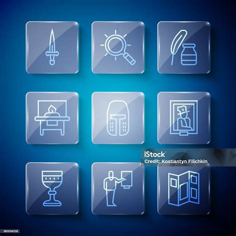 세트 라인 중세 잔 박물관 가이드 브로셔 깃털과 잉크병 철 헬멧 전시용 유리 쇼케이스 단검 및 초상화 박물관 아이콘 벡터 검에 대한 스톡 벡터 아트 및 기타 이미지 Istock