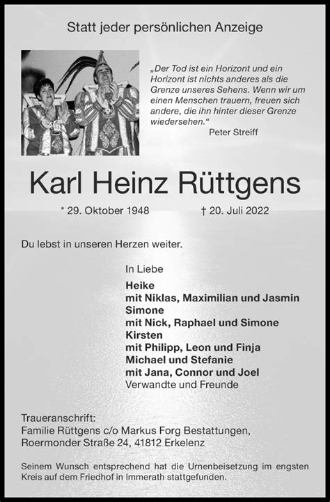 Traueranzeigen von Karl Heinz Rüttgens Aachen gedenkt