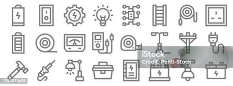 전기 도구 및 라인 아이콘 선형 집합입니다 어큐뮬레이터 변압기 툴박스 해머 전신주 볼트미터 파워 소켓 전기 회로 스위치 켜짐 과 같은 품질 벡터 라인 세트 아이콘에 대한