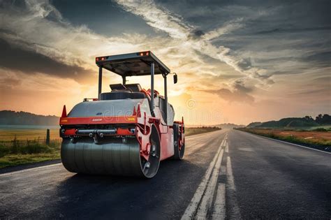Roller At Asphalt Pavement Works Road Construction Machinery Photo