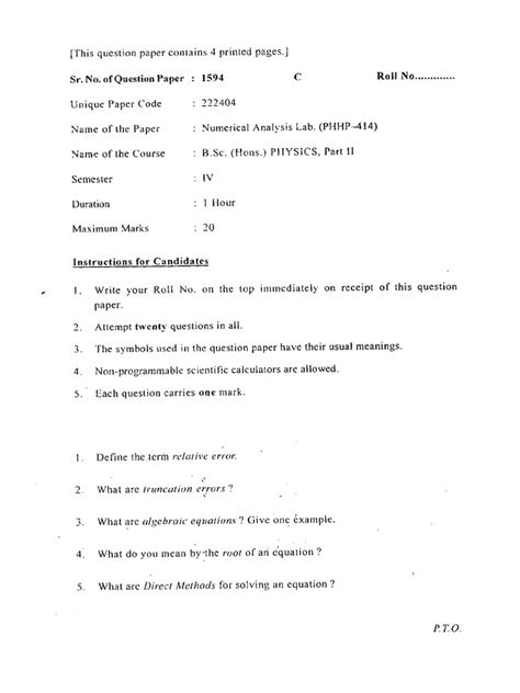 B Sc Hons Physics Part Ii Numerical Analysis Lab Phhp 414 Sem Iv Pdf