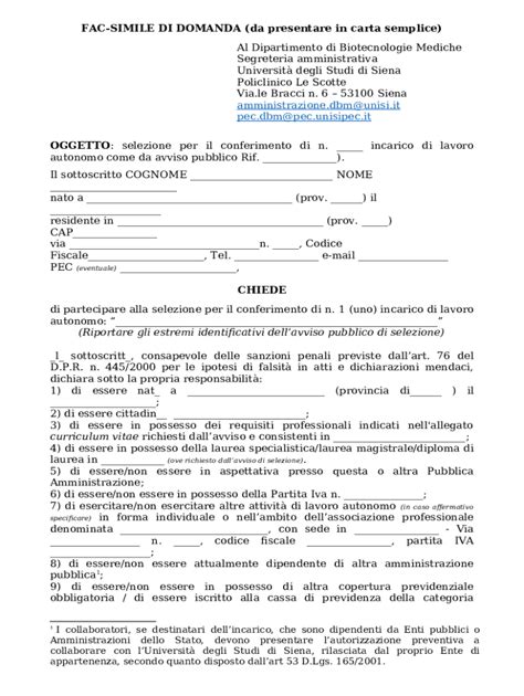 Fac Simile Di Domanda Da Presentare In Carta Semplice Doc Template