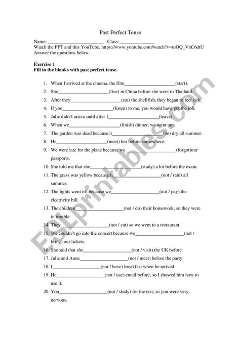 Past Perfect Tense Worksheet Grade 6 Esl Worksheet By Plmokn1212