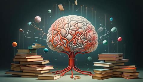 Un libro con muchos libros junto a la imagen del cerebro en un estilo de arte gráfico colorido