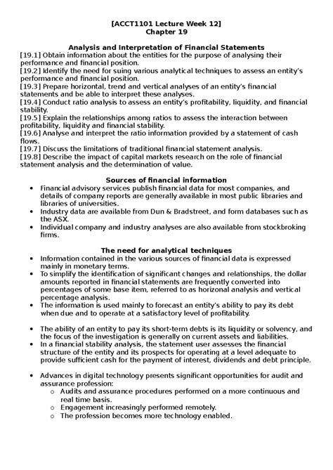 Week 12 Ch 19 Lecture Notes [acct1101 Lecture Week 12] Chapter 19 Analysis And
