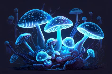 Premium Ai Image Fantastic Color Rainbow Glowing Mushrooms In A