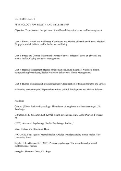 Ge Syllabus GE PSYCHOLOGY PSYCHOLOGY FOR HEALTH AND WELL BEING Objective To Understand The