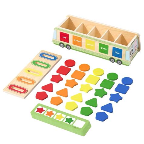 Wooden Bus Shape And Color Sorter With Pattern Flashcards Montessori Matching Toy Hands On