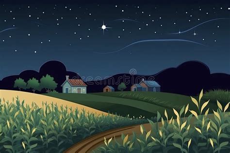 Farm Landscape With Corn Field And Night Sky With Stars Stock