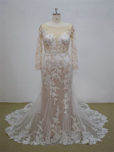 Nude Sheer Illusion Long Sleeve Lace Wedding Gown