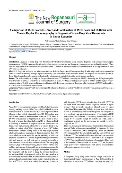 Pdf Comparison Of Wells Score Ddimer And Combination Of Wells Score