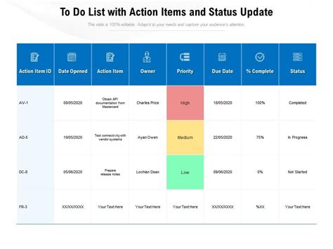 To Do List With Action Items And Status Update Presentation Graphics