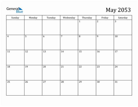 May 2053 Monthly Calendar