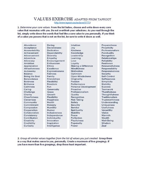 Values Exercise Adapted From Taproot Pdf