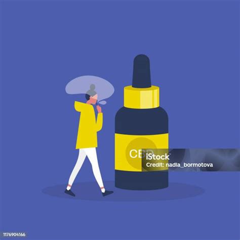 도심 대마초 의학 젊은 여성 캐릭터 흡연 Vape 대마 오일 현대적인 라이프 스타일 Millennials 플랫 편집 가능한 벡터 일러스트레이션 클립 아트 3차원 형태에 대한