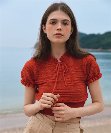 에스핀 리본 아일렛 니트 레드 하고