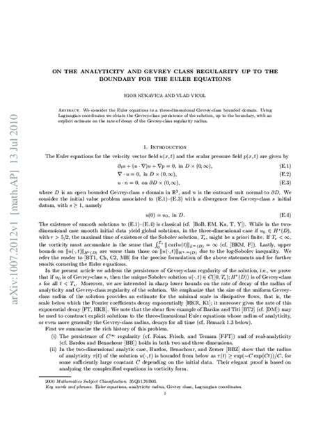 Pdf On The Analyticity And Gevrey Class Regularity Up To The Boundary For The Euler Equations