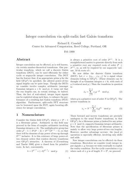 integer convolution via split radix fast galois transform reed college