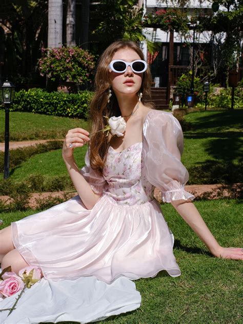 Floral Print Sweetheart Neck Puff Sleeve Mesh Overlay Dress Shein Usa