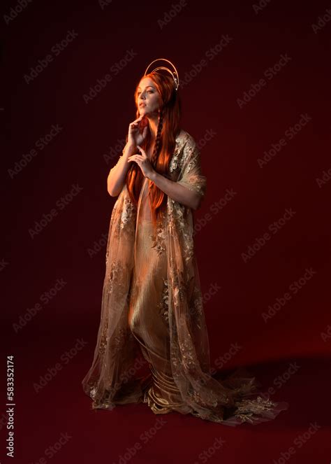 Full Length Fantasy Portrait Of Beautiful Woman Model With Red Hair