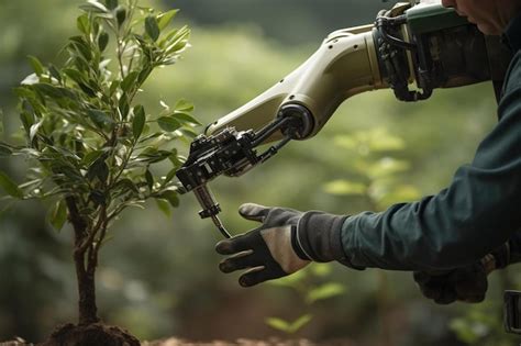 A Robot Arm Planting A Tree In A Green Field Premium Ai Generated Image